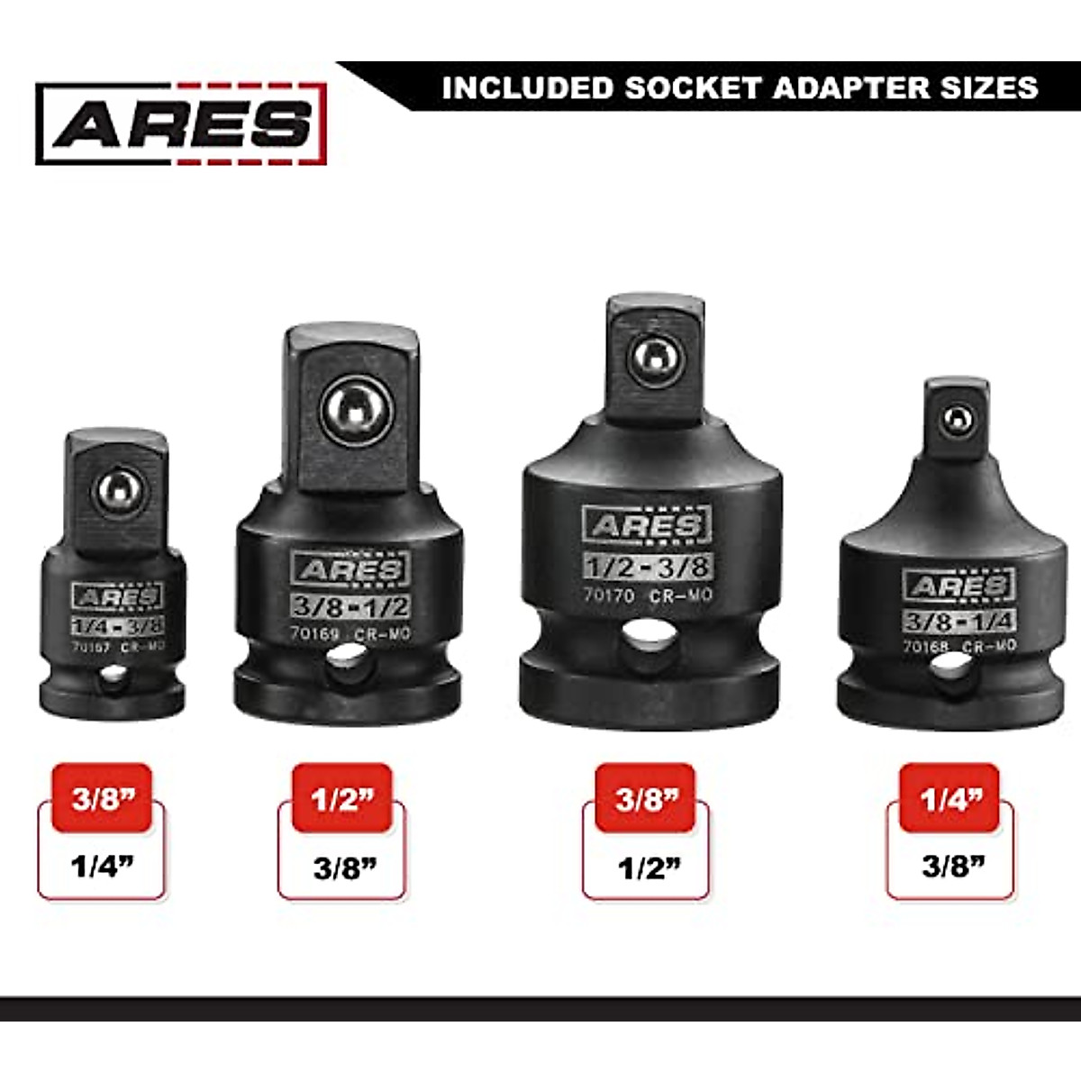 ARES 28000 - Impact 3-Inch Extension and Socket Adapter Set - Includes 3-Inch Extensions in 1/4-Inch Drive, 3/8-Inch Drive, and 1/2-Inch Drive, 2 Adapters, and 2 Reducers