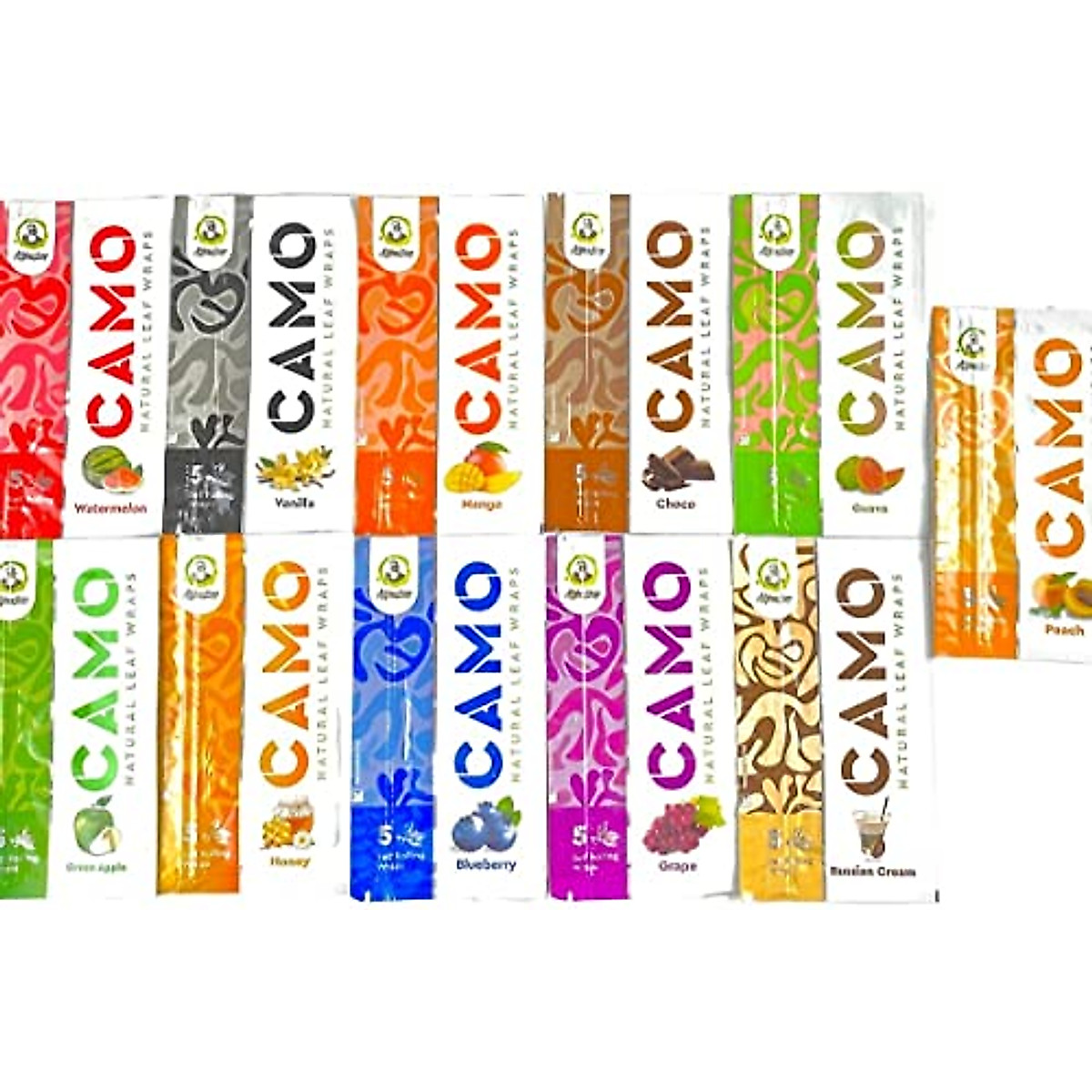 Afghan Natural Leaf Wraps CAMO Wraps Variety 11 Packs Watermelon, Blueberry, Chocolate, Grape, Mango, Vanilla, Green Apple, Peach, Guava, Russian Cream and Honey