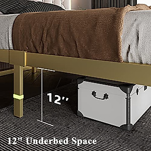 Feonase Full Size Platform Bed Frame with Heavy-Duty Steel Slats, Velvet Upholstered Headboard, 12" Storage Space, No Box Spring Required, Noise Free, Easy Assembly, Golden and Beige