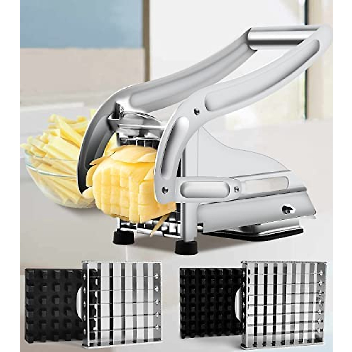 French Fry Cutter with 2 Blades, Professional Potato Cutter Stainless Steel, Potato Slicer French Fries, Press French Fries Cutter for Potato