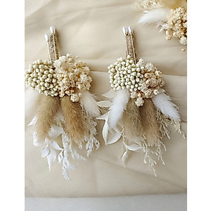 Dried Flowers Boutonnieres Set of 2 for Men Boho Fall Wedding Grooms Buttonhole Rustic Best Man Pampas Grass Dry Flower Decoration (Beige)