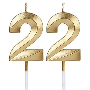 Gold 22nd Birthday Candles for Cakes, Number 22 Candle Cake Topper for Party Anniversary Wedding Celebration Decoration