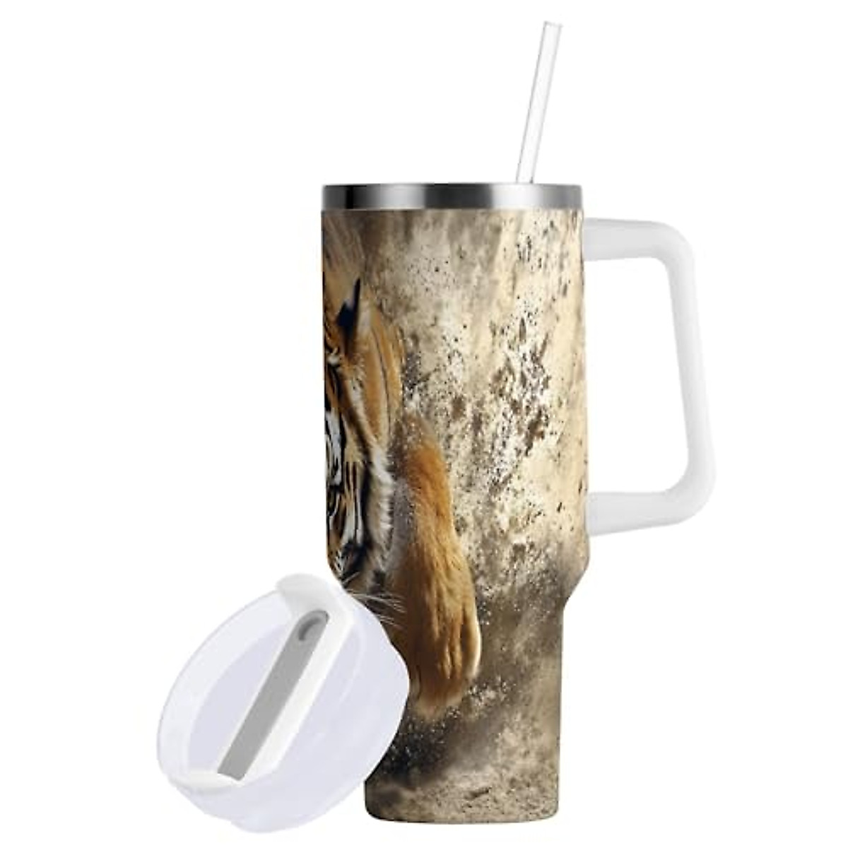Jihqo Hunting Tiger 40 oz Stainless Steel Vacuum Insulated Tumbler with Handle and Straw Lid, Leakproof Water Bottle Double Wall Travel Mug Coffee Cup, Cupholder Friendly