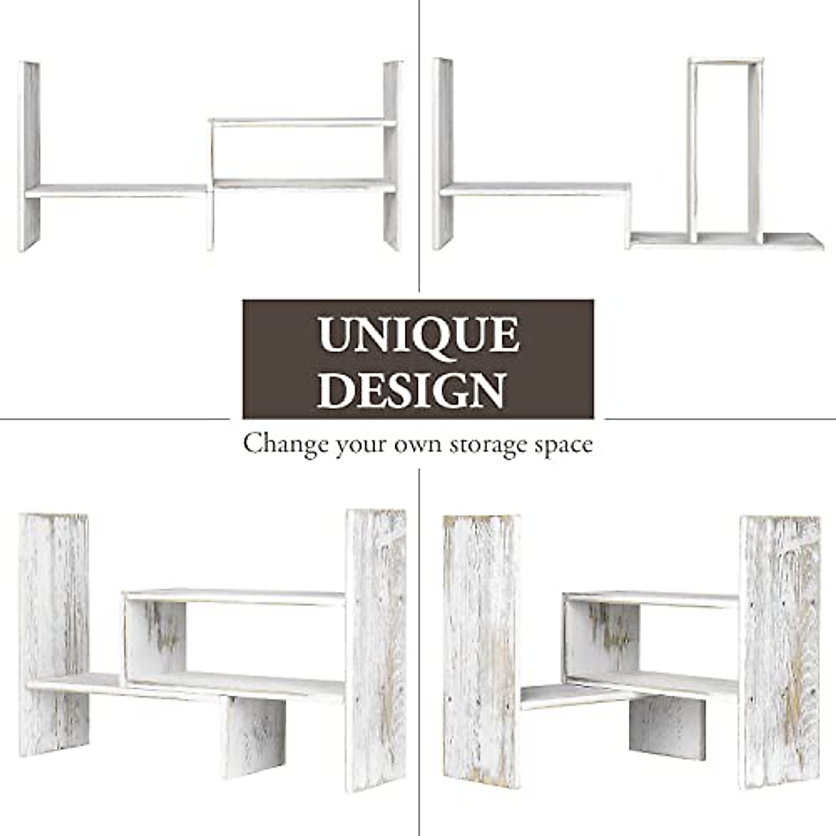 MyGift Adjustable Whitewashed Solid Wood Desktop Storage Organizer Display Shelf Book Rack, Office Desk Bookshelf