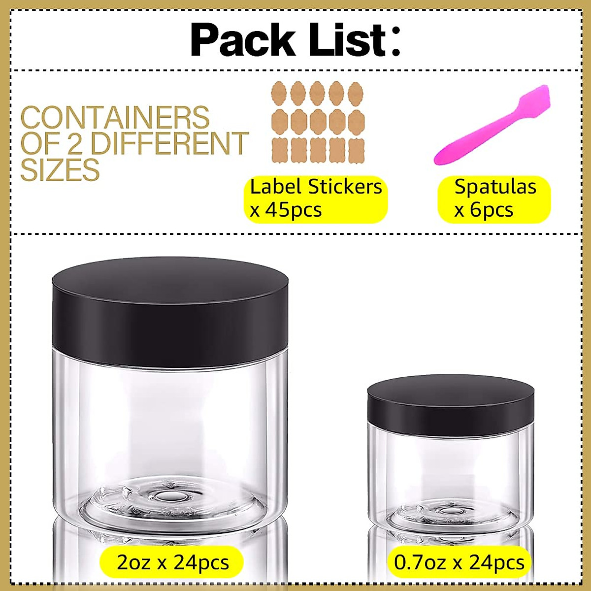 2oz Plastic Jars Round Cosmetic Containers with Lids | 20 Gram Clear Small Sample Containers (Set of 48) for Cream, Body Butter, Eye Shadow, Rhinestone, Lip Scrub, Travel - Labels & Spatulas