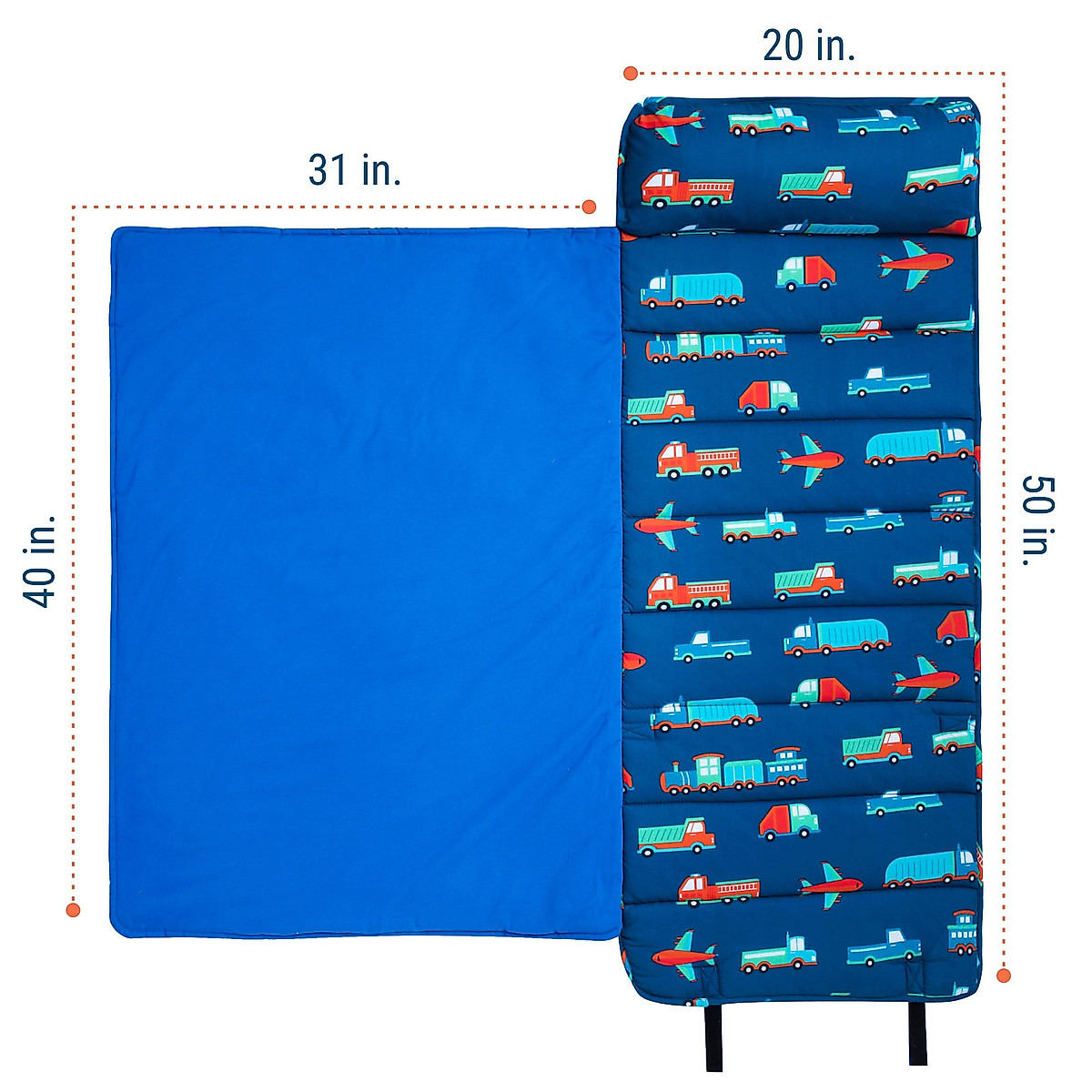 Wildkin Original Nap Mat with Reusable Pillow for Boys & Girls, Perfect for Elementary Daycare Sleepovers, Features Hook & Loop Fastener, Cotton Blend Materials Nap Mat for Kids (Transportation)