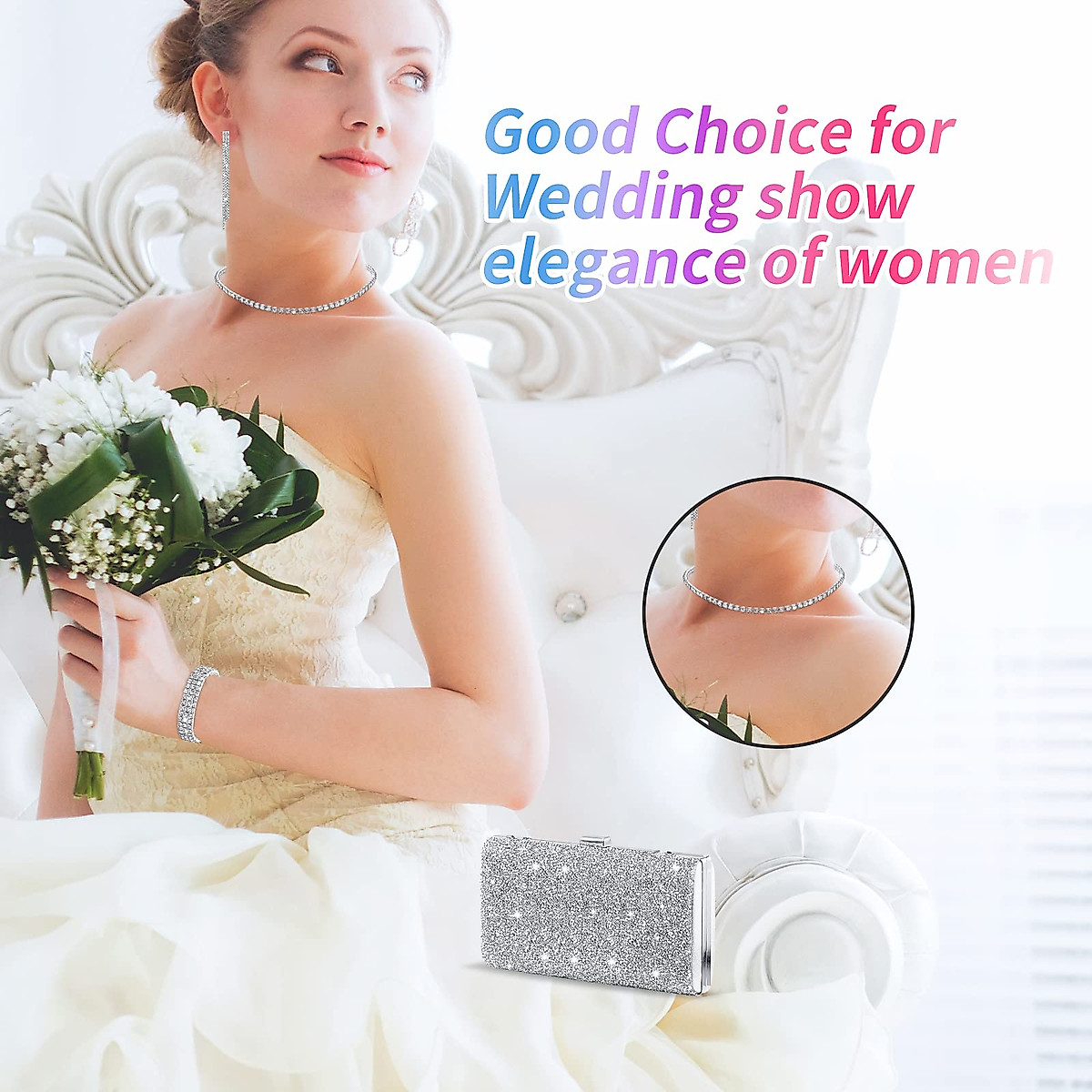 Ditard 4 Pieces Rhinestone Jewelry Set Women Clutch Purse for Prom Sets Wedding Bridal Bracelet Necklace Dangle Ear Clip Crystal Party (Noble Style), Silver