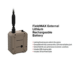 Stealth Cam FieldMAX External Lithium Rechargeable 5000mAh Battery, Compatible w/Trail Cameras w/ 12V Battery Jack, Insulated Power Cable, Locking & Smooth Adapters, 4.5mm Jack & USB Cable Included