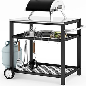 Movable Food Prep and Work Cart Table Stainless Steel Grill Cart Modular Table with Wheels and Handle Double-Shelf Commercial Kitchen Table Heavy Duty Grill Cart Outdoor Cart