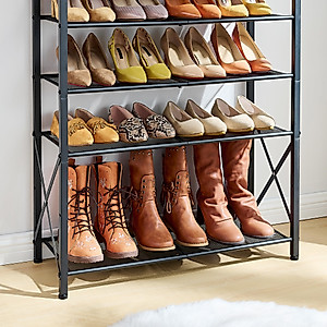Tajsoon 5 Tier Shoe Rack Organizer for 16-20 Pairs of Shoes, Front Door Shoe Rack with 2 Hooks, Metal Mesh Shoe Shelf for Entryway, Shoe Storage with X Shape Fixed Frame, Rustic Brown & Black
