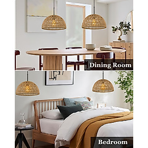 ELYONA Modern Boho Pendant Lights, Hand Woven Hanging Lamp with Dome Basket Shade & Rubber Wood Floor Lamp with Table for Farmhouse Kitchen Island Dining Room Living Room Hallway