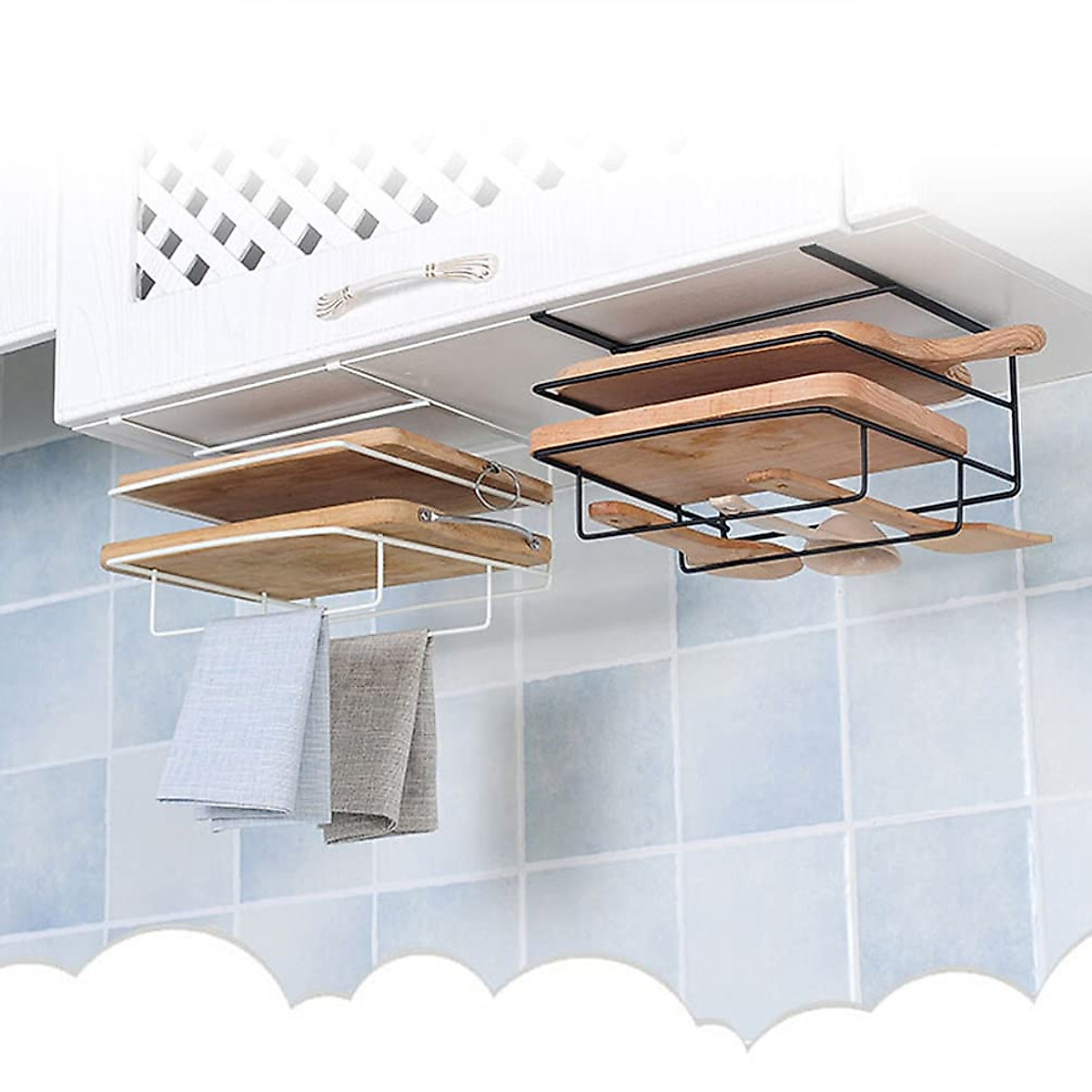 VOSAREA Kitchen Cutting Board Rack Punch Free Double Deck Chopping Board Organizer Towel Holder with Drip Tray Iron Baking Pan Dishcloth Rack White