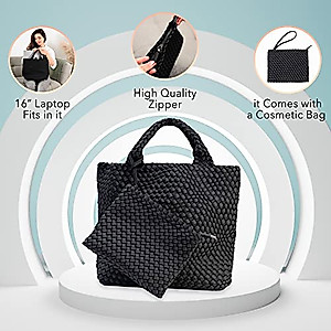 State of Bliss Onyx Neoprene Woven Hobo Tote with Top Handle and Detachable Woven Wristlet Clutch - Lightweight, Water-resistant, and Spacious Designer Lookalike Tote Bag for Beach, Gym, and Travel
