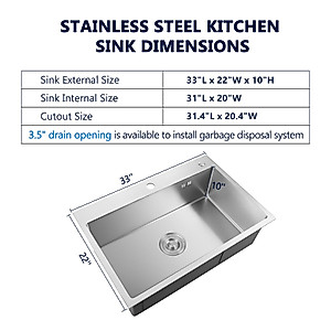 DuyviSteil 33x22 Inch Topmount or Drop In Kitchen Sink Worktation 16 Gauge Stainless Steel Single Bowl Kitchen Sink with Drainpipe