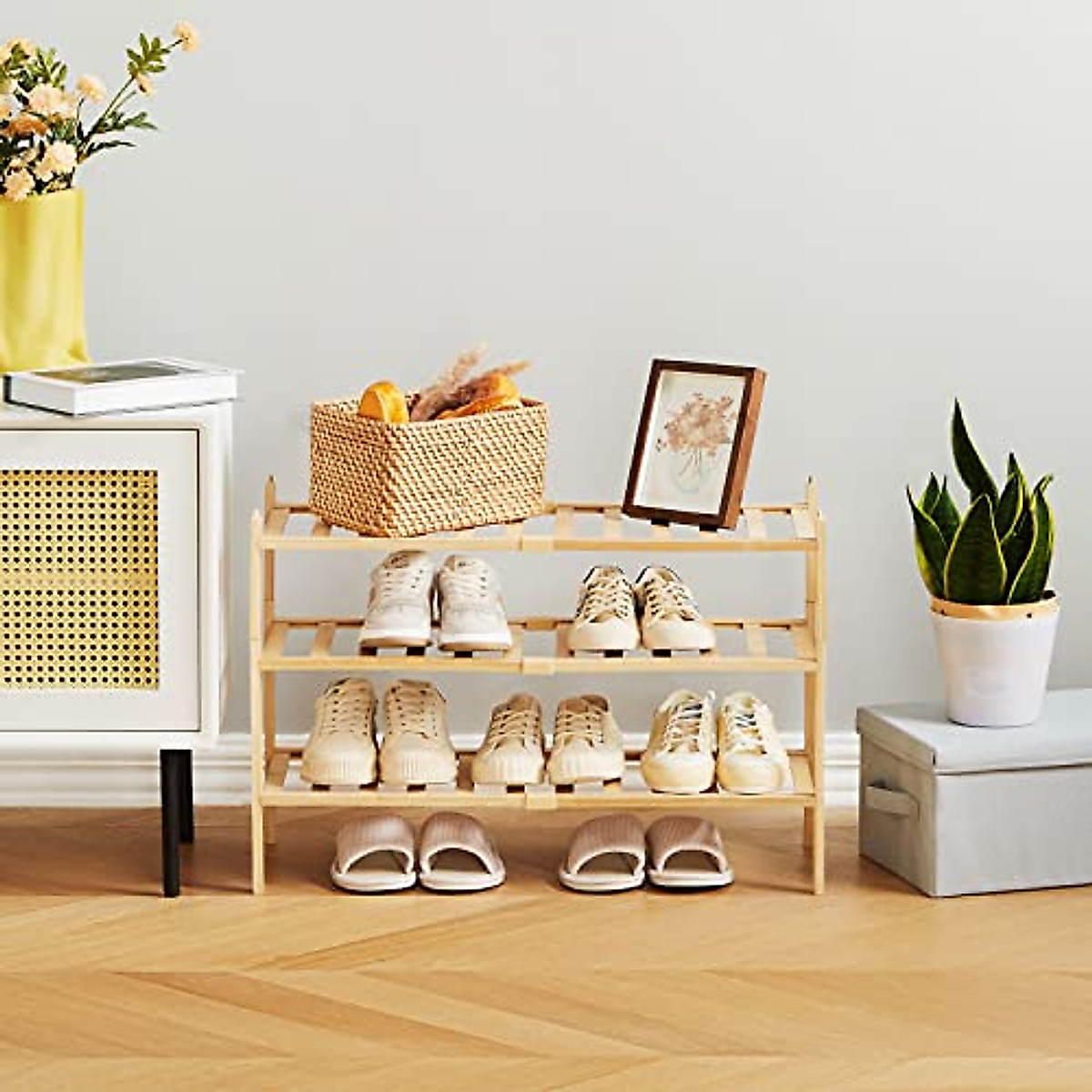 Quiqear Bamboo Shoe Rack, 3 Tier Shoe Rack Organizer, Stackable & Durable Shoe Shelf Holder, Free Standing Shoe Racks, Shoe Storage Organizer for Entryway, Closet, Hallway, 27.2*11*18.3inch (Natural)