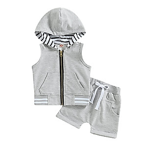 Hnyenmcko Infant Baby Boys Summer Clothes Hoodie Sleeveless Tank Tops Solid Color Drawstring Shorts Set Toddler 2pcs Outfits (Gray, 12-18 Months)