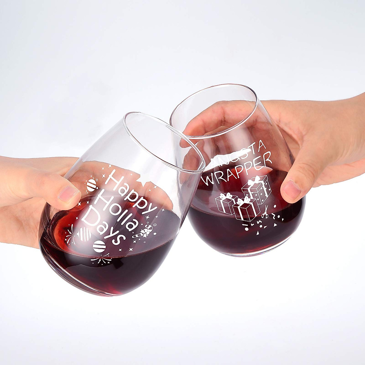 Set of 4 Christmas Puns Stemless Wine Glasses Set, Christmas Themed Gift Idea for Women Men Friend Party White Elephant Gift Exchange Dirty Santa, 15Oz Funny Wine Gift