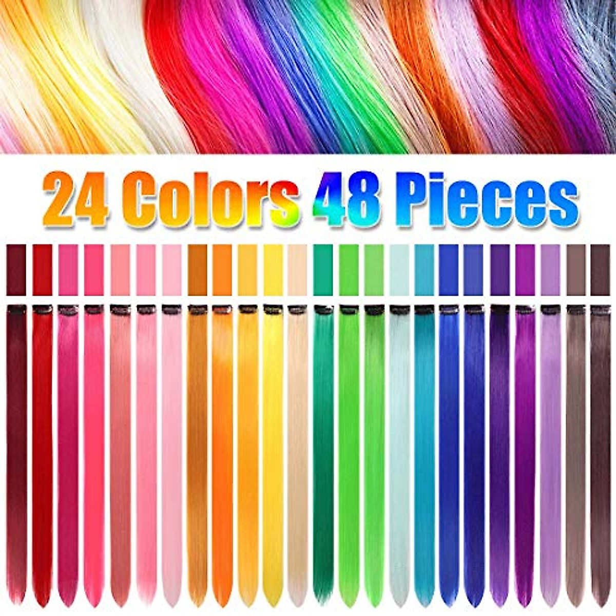 48 Pcs Colorful Straight Hair Extensions Clip in 21 Inch Rainbow Multi-color Clip in Synthetic Long Hairpiece Party Highlights Colorful Clip in Hair Extensions for women girls kids gift