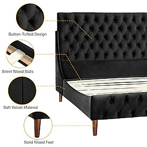 affeivul King Bed Frame and Headboard, King Size Platform Bed Frame No Box Spring Needed, Upholstered Bed Frame King with Cotton and Velvet, Low Storage, Modern Design and Wood Slats - Black