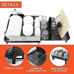 IARTOPS Dish Drying Rack, Dish Rack for Kitchen Counter, Expandable Stainless Steel Dish Strainer with Drainboard, Large Capacity Dish Drainer with Glass Holder, Utensil Holder