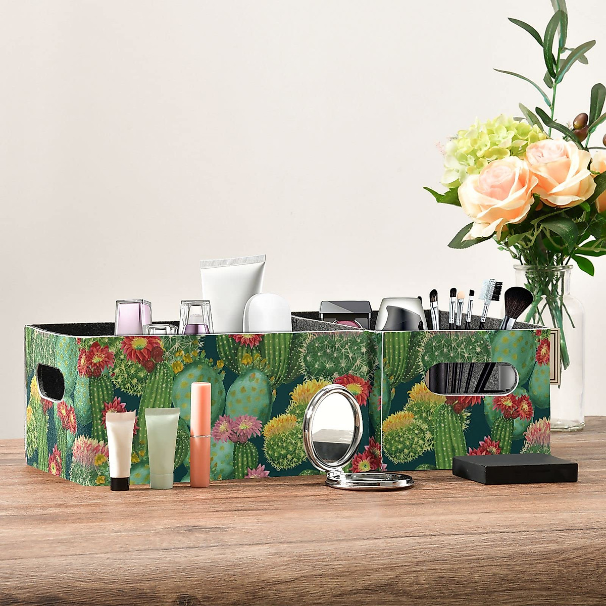 Emelivor Cactus Flowers Storage Basket Bins Set (2pcs) Felt Collapsible Storage Bins with Handles Foldable Shelf Drawers Organizers Bins for Laundry Room Organization