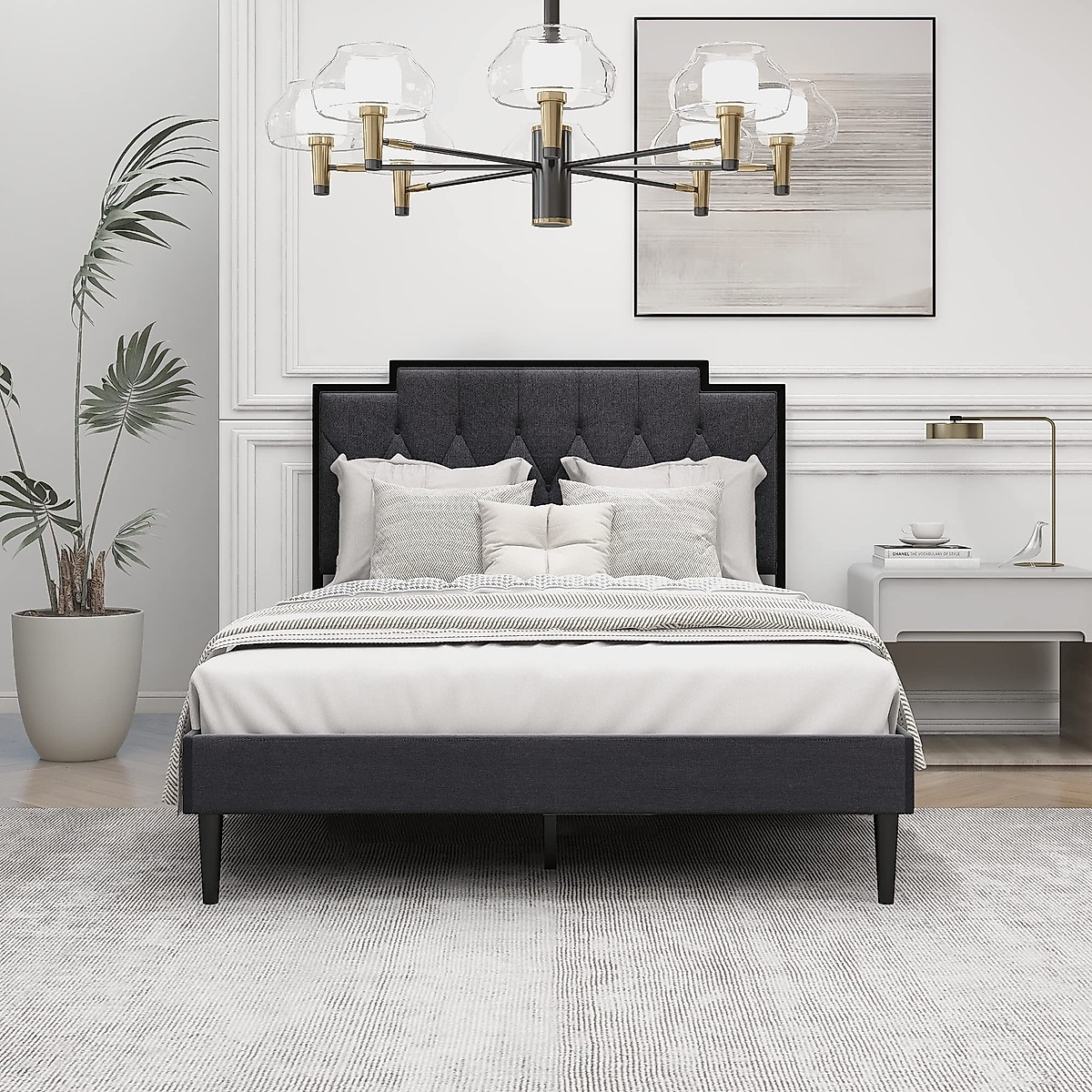 AGARTT Upholstered Platform Full Size Bed Frame with Headboard Premium Stable Wood Slat Support No Box Spring Required Black