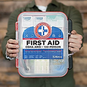 First Aid Kit Hard Red Case 326 Pieces Exceeds OSHA and ANSI Guidelines 100 People - Office, Home, Car, School, Emergency, Survival, Camping, Hunting and Sports