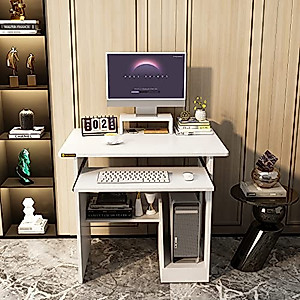 YQ JENMW 29in Computer Desk with Monitor Stand and Keyboard Tray for Small Space, Wood PC Laptop for Bedroom, Writing Table with Shelves for Kids, White