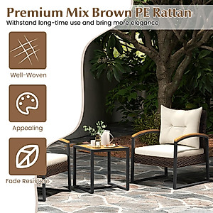 Tangkula 3 Piece Patio Conversation Set, Includes 2 Rattan Chairs and Coffee Table, Solid Acacia Wood Armrests & Tabletop, Outdoor Cushioned Wicker Furniture Set for Backyard, Poolside, Lawn, Garden