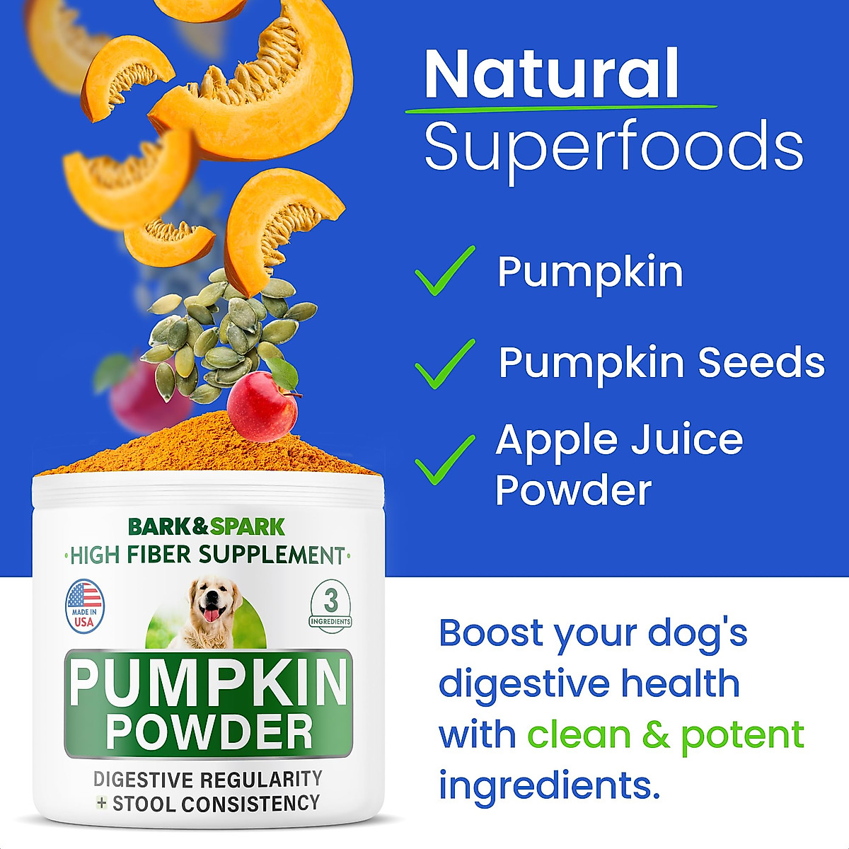 BARK&SPARK Pumpkin for Dogs - Pumpkin Fruit and Seed Powder - Powdered Fiber Supplement and Stool Softener - Improve Digestion - Made in USA - 8oz