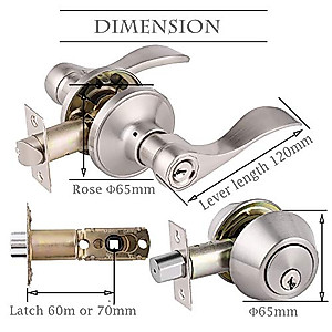 Satin Nickel Keyed-Alike Door Levers and Single Cylinder Deadbolts Combination Sets Front Door Locksets, with Same Key, Locking Handle with Deadbolt Same Key, 2Pack