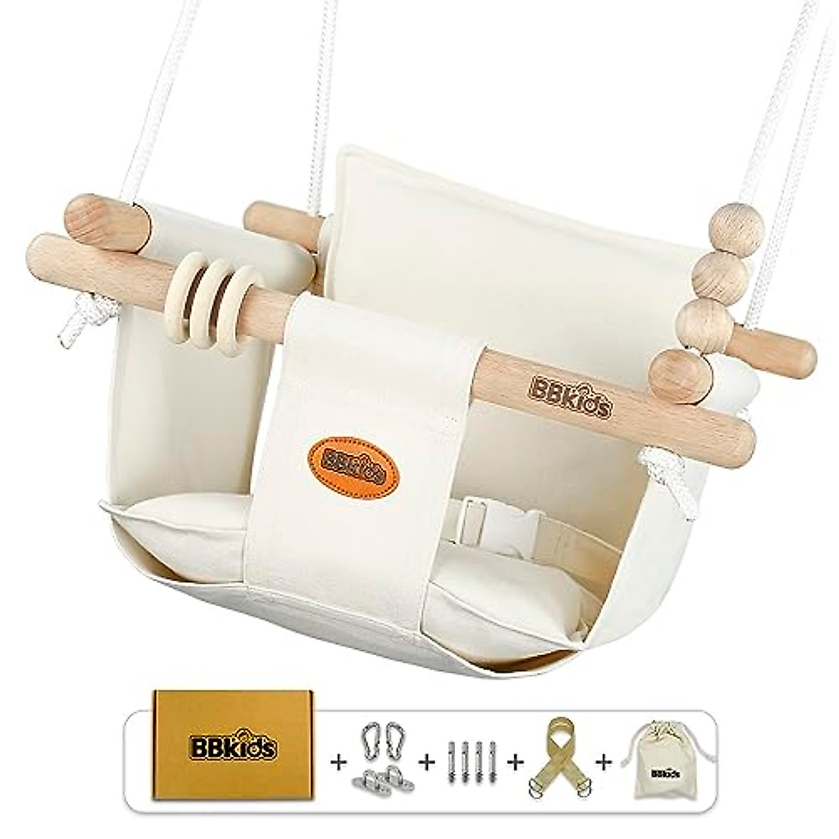 BBkids Indoor Baby Swing, Canvas Baby Swing, Wooden Hammock Hanging Swing Seat Chair with Safety Belt, Outdoor Kids Toddler Baby Tree Swing, Full Set of Ceiling Screws. (Cream)