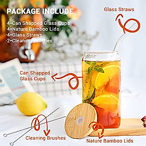 Combler Glass Cups with Lids and Straws, 16 oz Drinking Glasses Set of 4, Iced coffee Cup Coffee Bar Accessories Essentials, Glass Coffee Cups with Bamboo Lids and Glass Straws, House Warming Gifts