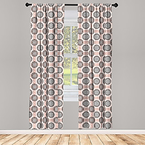 Ambesonne Peach Curtains, Symmetrical Circular Shapes Pattern Abstract Background Soft Color Image Print, Window Treatments 2 Panel Set for Living Room Bedroom, Pair of - 28" x 63", White Black