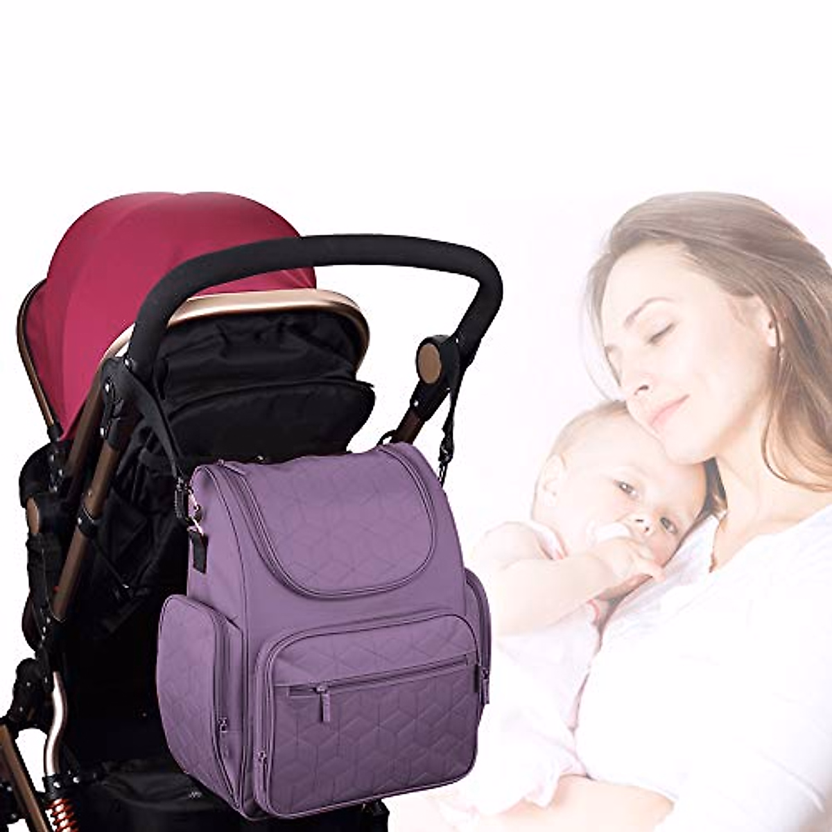 insular Diaper Bag Backpack, Multi-Function Travel Back Pack, Waterproof Changing Bag for Mom Girls, Large Capacity Baby Bag with Stroller Straps and Changing Pad, Purple