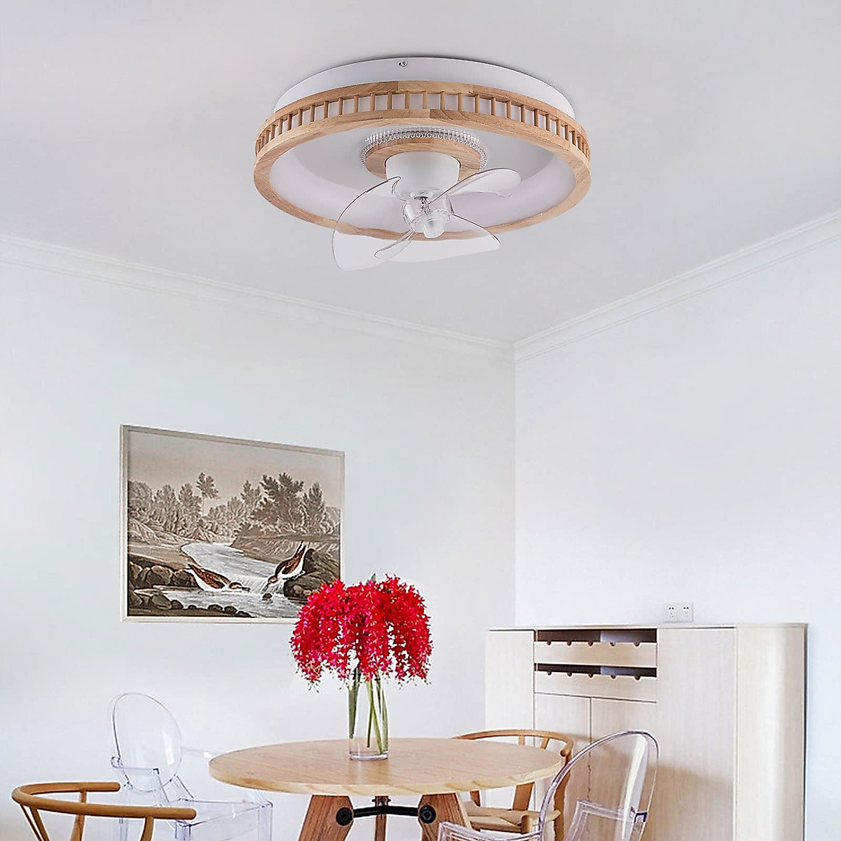 ONEPOINTPOINT Ceiling Fan with Lights 20 Inch Low Profile Flush Mount Round Wood Ceiling Light with Fan 3 Invisible Blades Remote 3 Color Dimming 6 Wind speeds for Bedroom Living Room Log Color