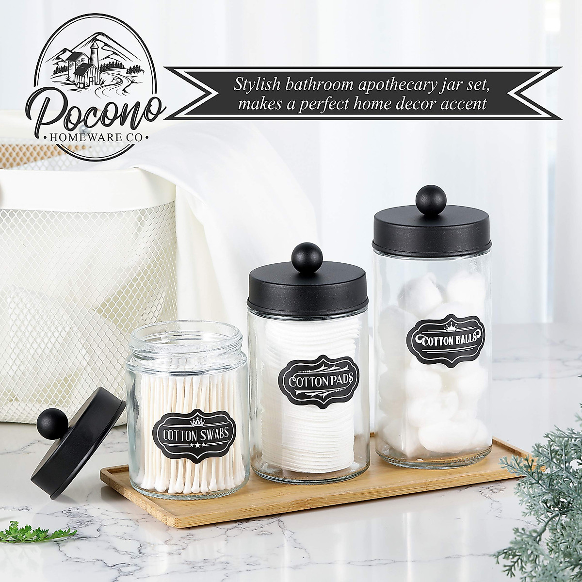 Apothecary Jars 3 Pack - Glass Bathroom Containers with Stainless Steel Lids - Rustic Farmhouse Decor Bathroom Accessories, Vanity Organizer Apothecary Jars for Qtip/Cotton Balls (Matte Black)