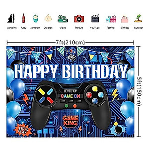 Happy Birthday Video Game Photography Backdrop Blue Level Up Gaming Happy Birthday Banner Boy Family Indoor Outdoor Gamer Room Video Game Party Wall Decoration 7x5ft