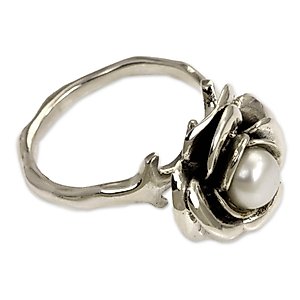 NOVICA Artisan Handmade Pearl Flower Ring Crafted Sterling Silver White Single Stone Indonesia Floral Birthstone Peace [crownbezel 0.4 in H x 0.6 in Diam. Band Width 2 mm W] ' White Rose'