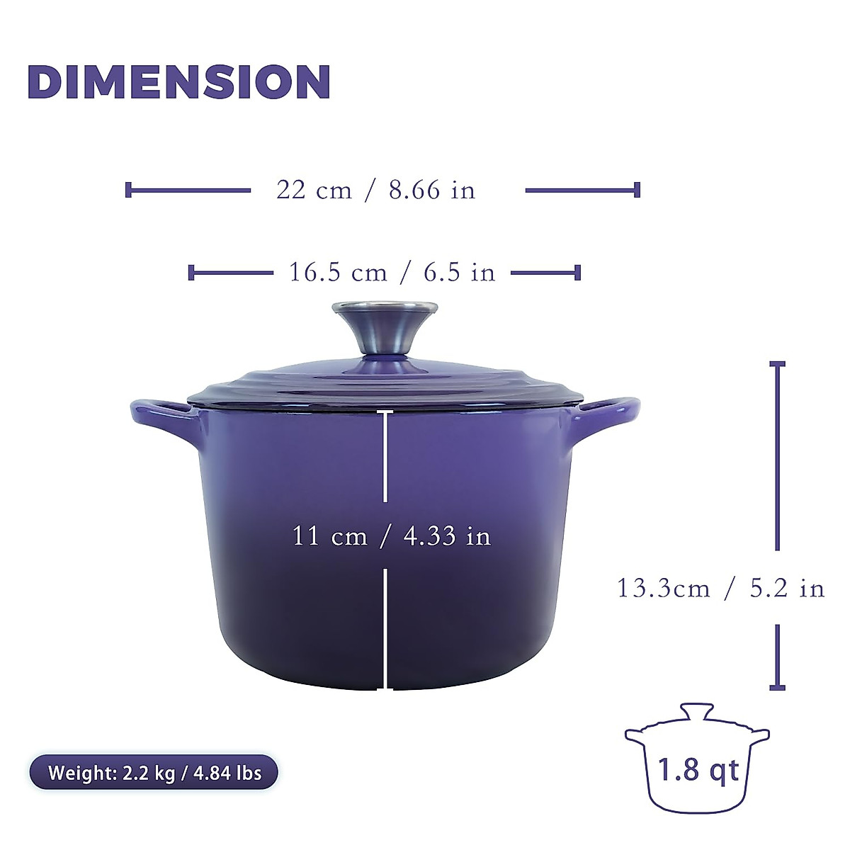 Flavehc Dutch Oven Pot with Lid 1.8 qt Cast Iron Dutch Oven for Bread Baking Purple Enameled Cast Iron Rice Pot with Handels