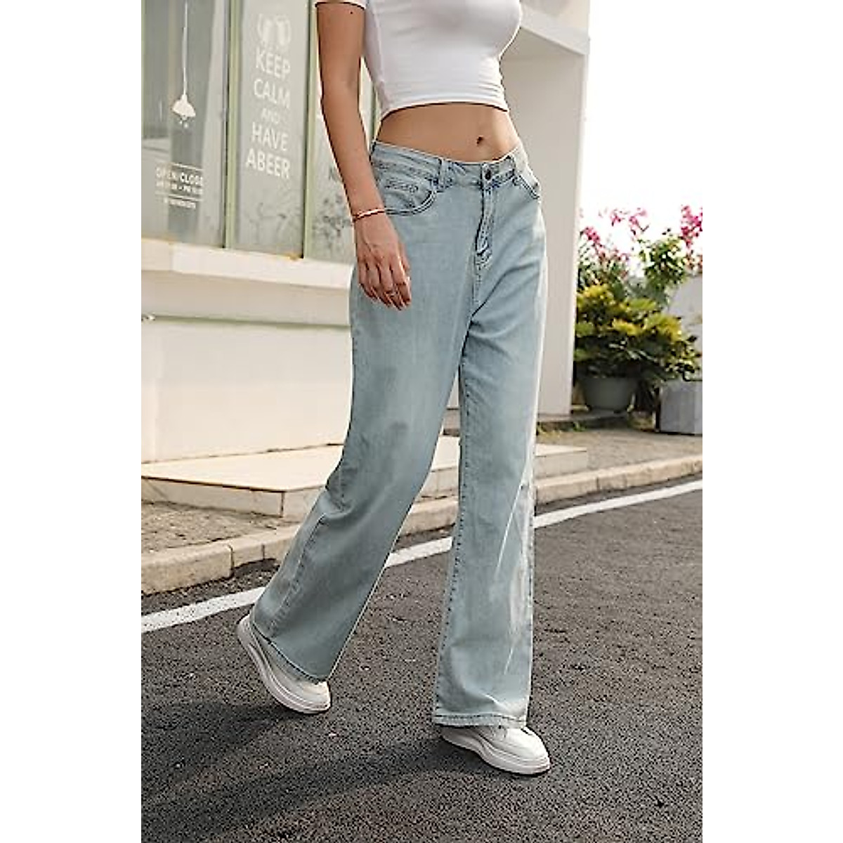 GIISAM Women's Baggy Jeans Disstressed Destroyed Vintage Pants Loose Wide-Leg High Waist Light Blue Denim Trousers