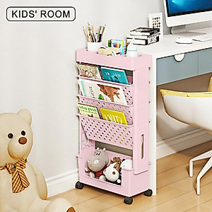 yeavs 5-Tier Mobile Bookshelf, Rolling Bookcase Book Storage Rack, Movable File Folder Organizer Cart with Wheels for Home Study Office Living Room Classroom, Pink
