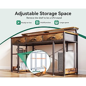 AODK 48 inch Computer Desk with 3 Drawers, Gaming Desk with LED Lights & Power Outlets, Home Office Desk with Storage Shelves & Monitor Stand, Modern Work Study Writing Table for Small Spaces, Vintage