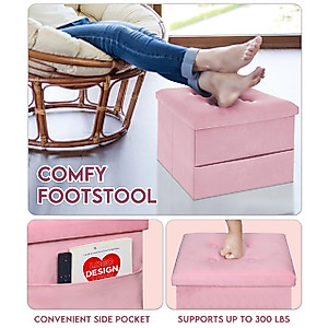 ZOES HOMEWARE Small Storage Ottoman Foot Rest, Velvet Ottoman with Storage and Side Pocket, Pink Foot Rest for Couch, Foldable Footstool Ottoman for Chair,Living Room&Dorm, 16"x12"x12" Pink