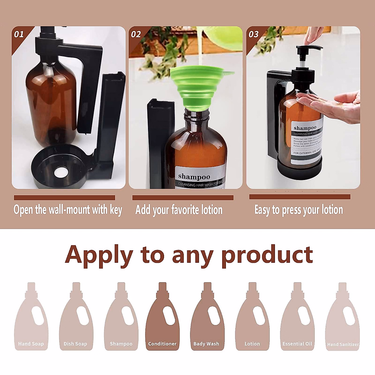 Wall Mounted Shower Soap Dispensers, Modern Shampoo and Conditioner Pump Bottles, Refillable Shower Pump Bottles for Bathroom (3 Pack)