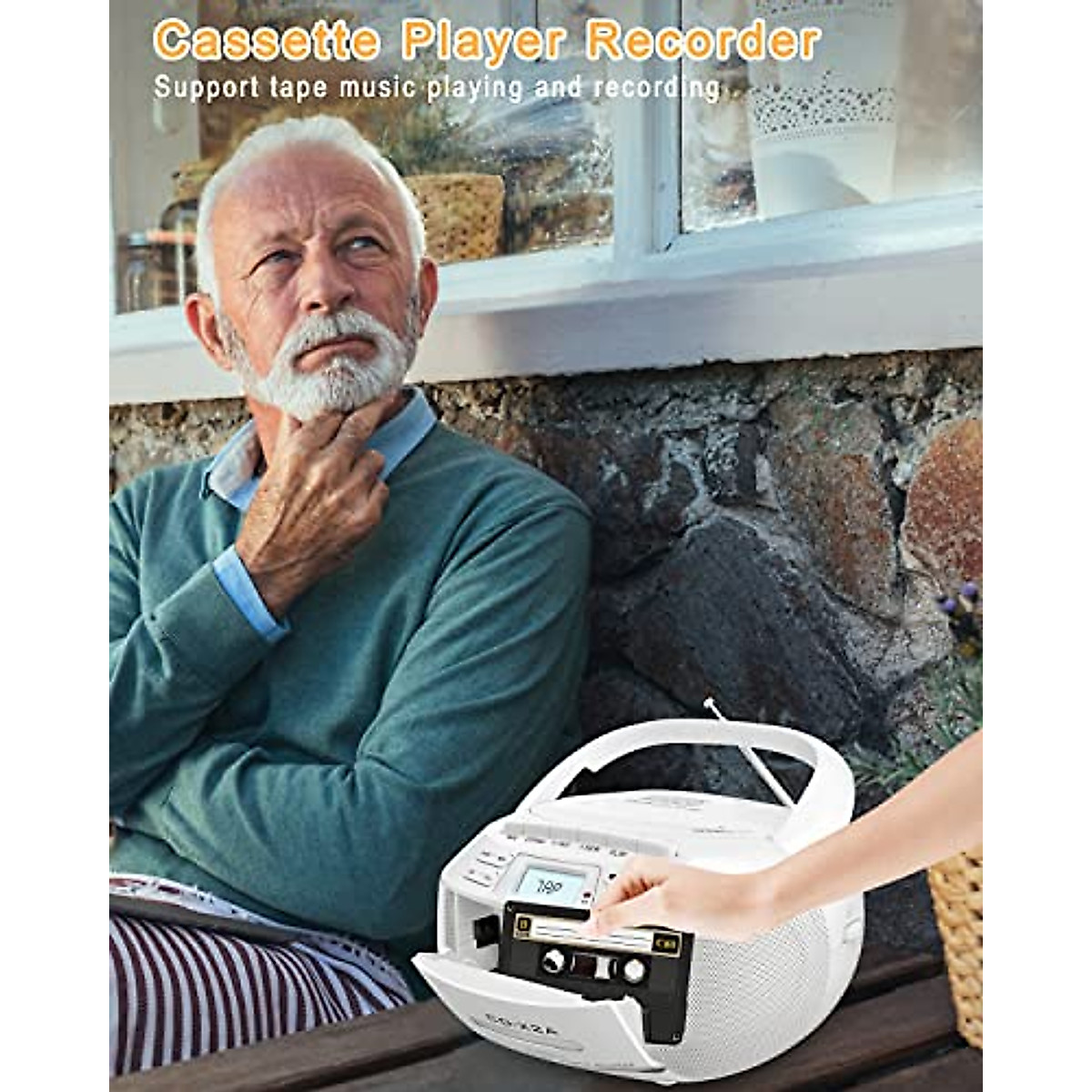 CD Cassette Boombox Player Combo with Bluetooth,AM FM Radio,Sunoony Remote Control with Dual Speakers,Tape Recording,AUX/USB Drive,AC/DC Powered,LCD Display,Headphone Jack for Home,Kids,Seniors,Gift