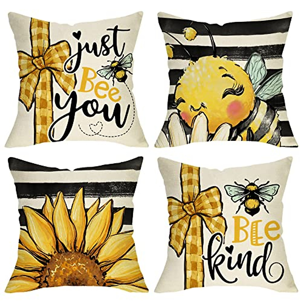 Fjfz Spring Bumble Bee Sunflower Decorative Throw Pillow Covers 18x18 Set of 4, Summer Farmhouse Black White Stripe Porch Patio Home Decor, Yellow Buffalo Plaid Check Quote Outdoor Couch Cushion Case