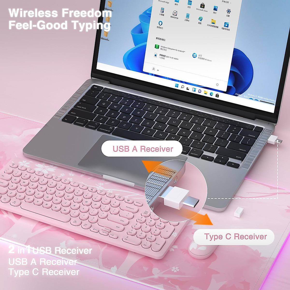 Mytrix Cute Sakura Pink Wireless Keyboard Mouse Combo, Retro Type-Writer Keys, 2.4G USB Slim Keyboard Mouse Set with Numeric Keypad for Computer, Laptop, Desktops, Pc, Mac(KMCS01)