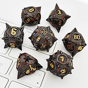 AHDKEJG Metal DND Dice Set 7pcs D&D Dungeons and Dragons Gifts Polyhedral Giant Dice MTG D and D RPG Role Playing Pathfinder Table Games Accessories D20 D12 D10 D% D8 D6 D4-Black Gold Blood Dot