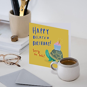 Old English Co. Tortoise Belated Birthday Card - Sorry It's Late Greeting Card for Him or Her | Fun Cute Birthday Wishes for Men and Women | Blank Inside & Envelope Included